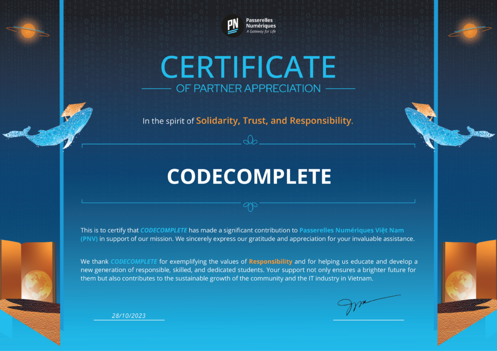 CodeComplete honored by Passerelles numériques Vietnam for Educational Support - CodeComplete