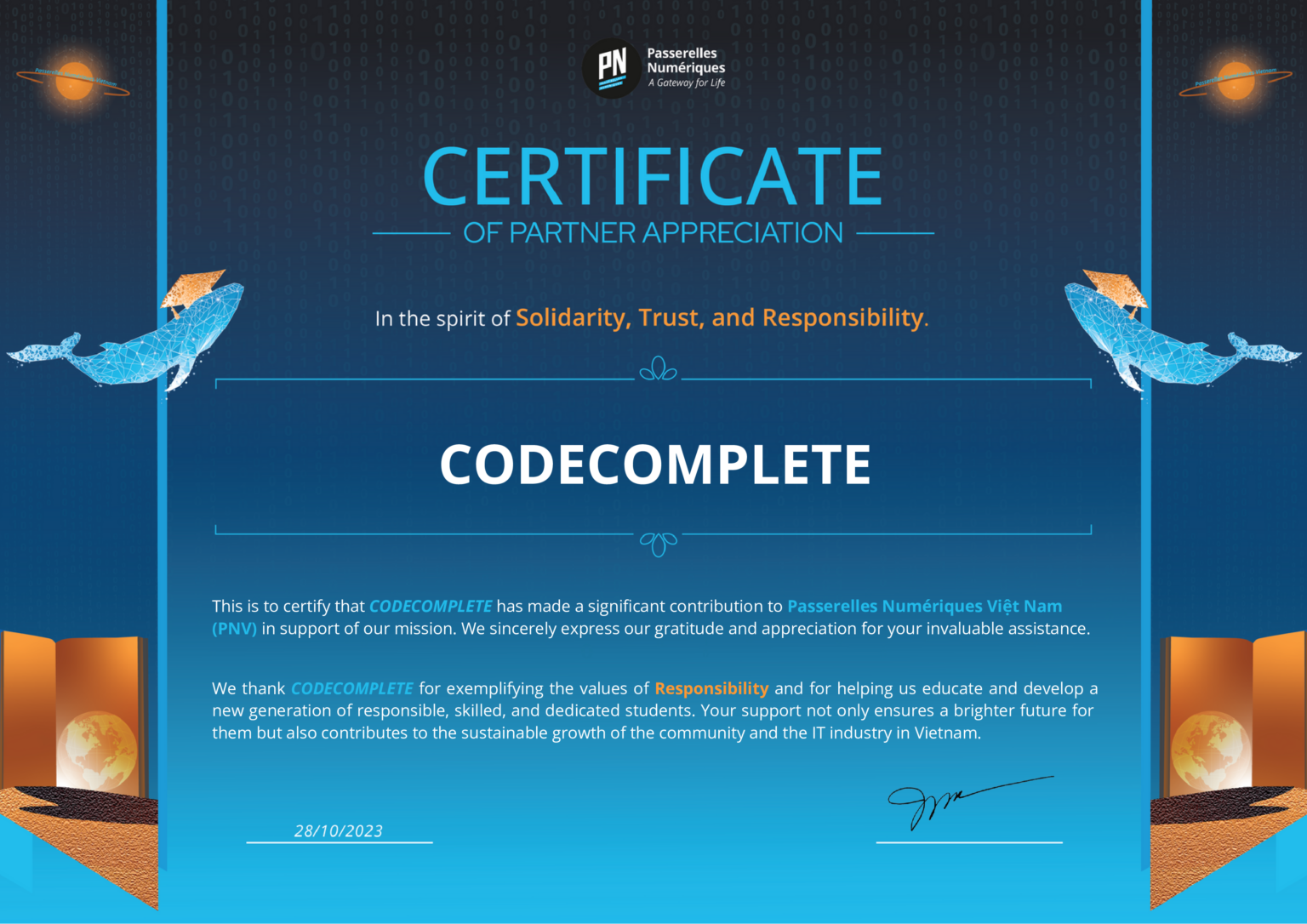 CodeComplete honored by Passerelles numériques Vietnam for Educational Support - CodeComplete
